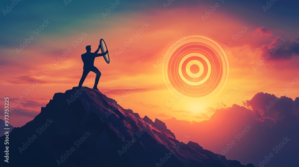50. A businessman silhouette pushing a target board to the peak of a ...