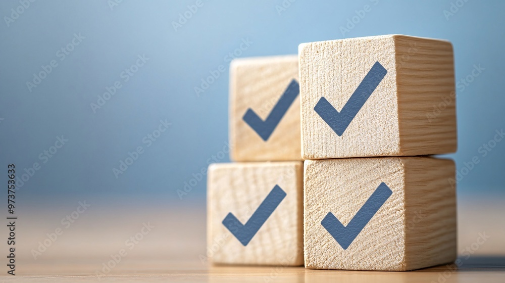 55. Check mark icons on the faces of wooden blocks, stacked to signify ...