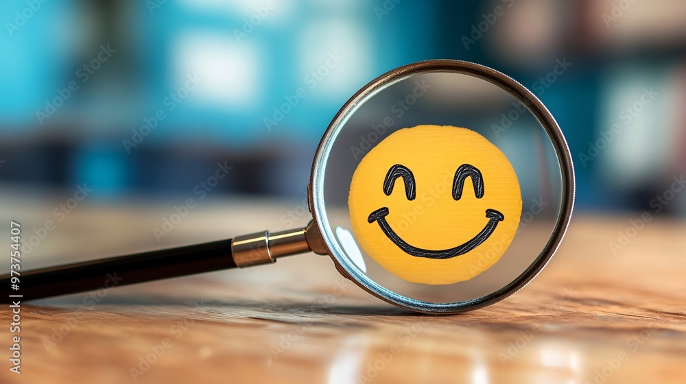 62. Close-up of a magnifying glass highlighting a smiley face ...