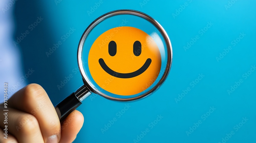 64. Magnifying glass over a smiley face icon, representing the detailed ...