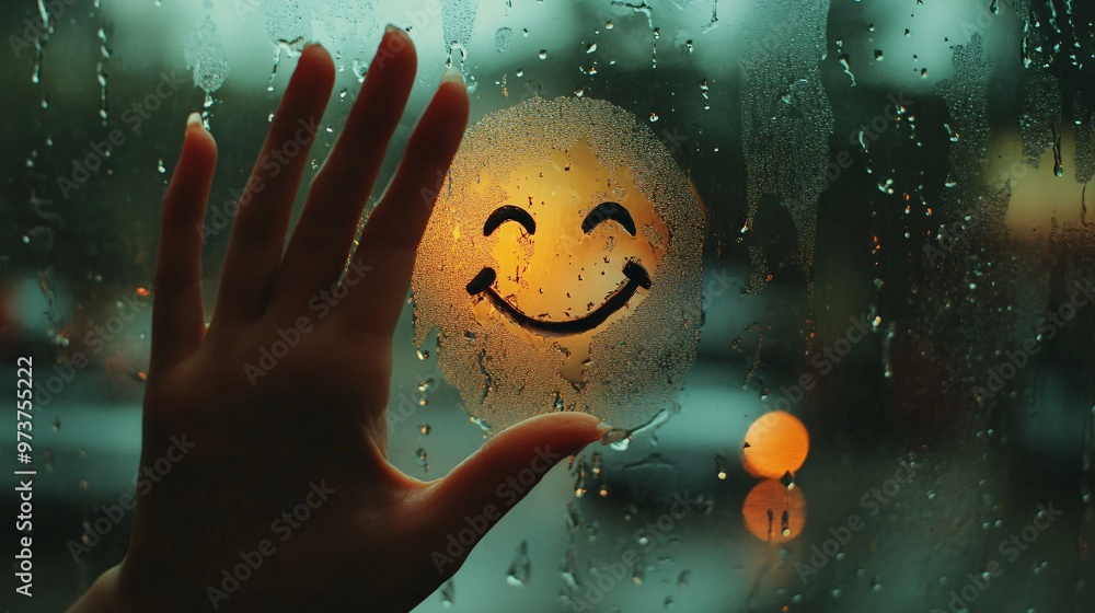 67. The hand of a woman creating a smiley face on a steamy window, with ...