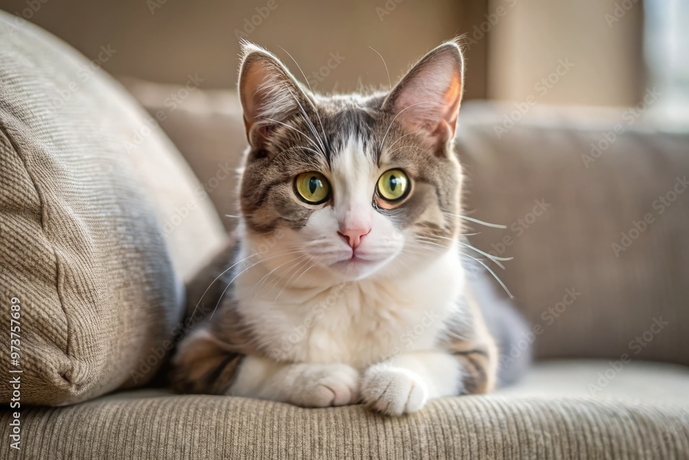 Adorable grey and white bobtail cat curls up on a plush couch ...