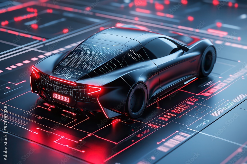 Futuristic black sports car on a digital grid platform with glowing red ...