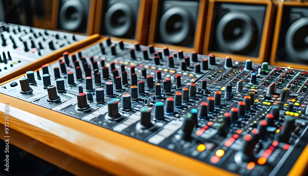 In-depth perspective of a sound mixing console featuring faders and ...