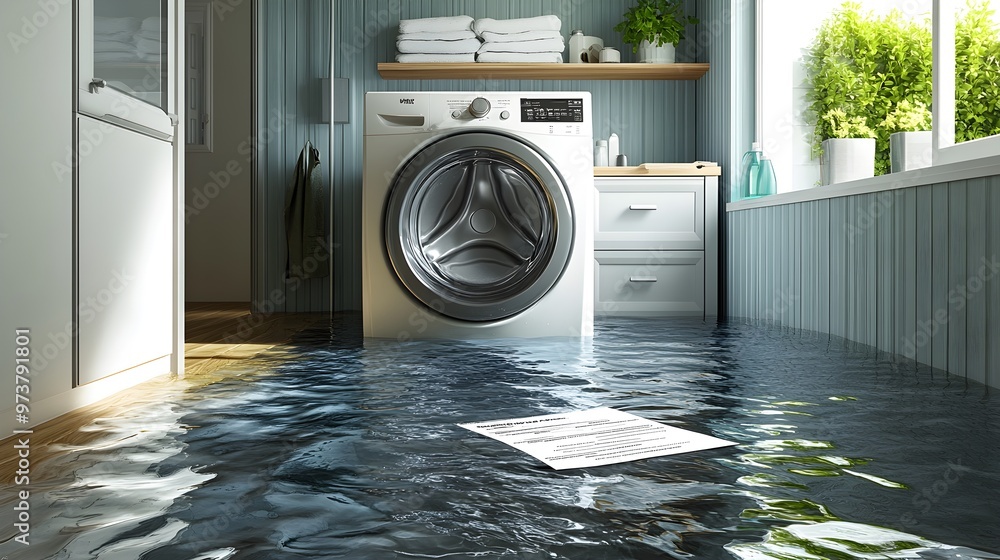 A disastrous laundry room flood, water flowing under the dryer ...