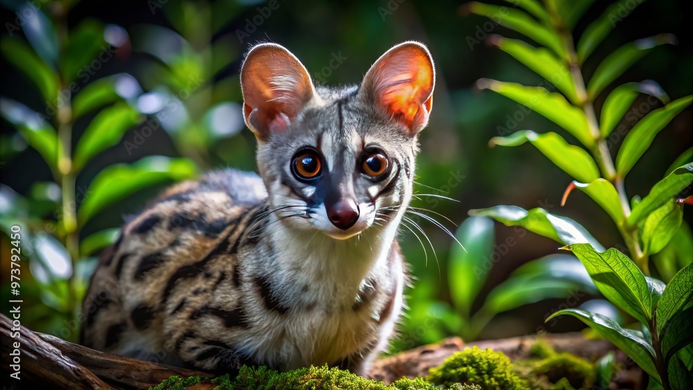 African genet's slender body and bushy tail blend into the underbrush ...