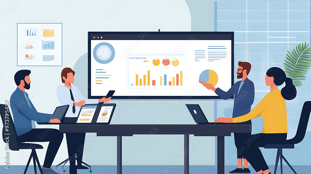 A startup team involved in a virtual meeting with an interactive screen ...