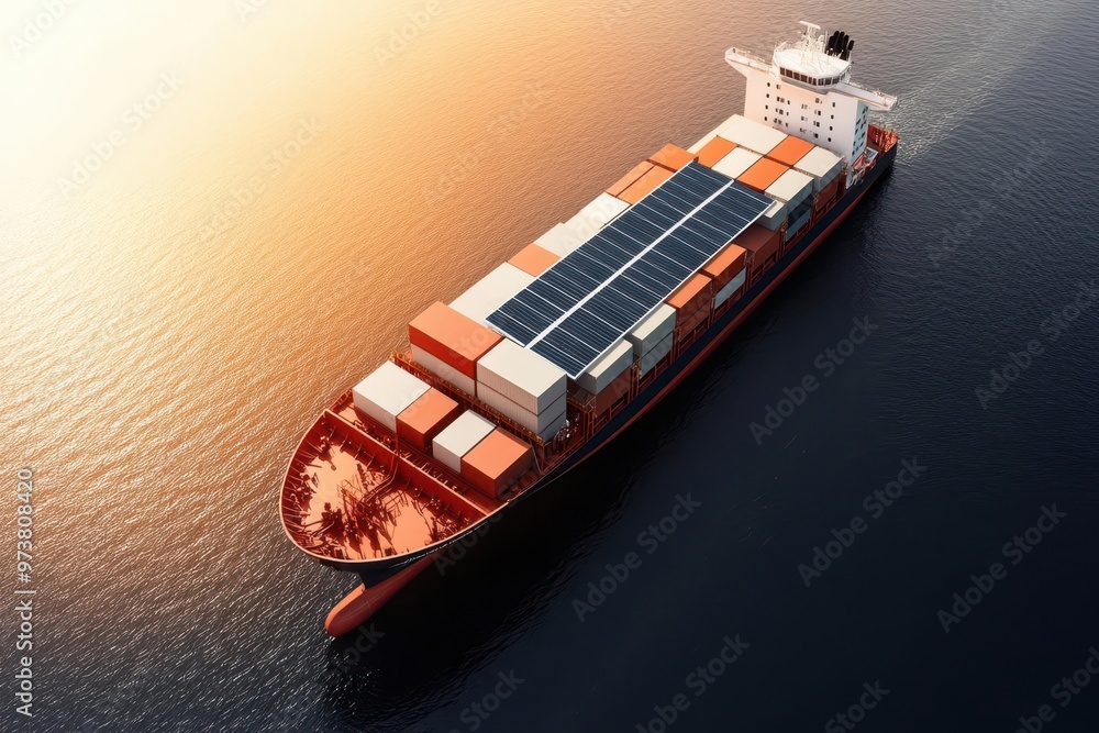 Photorealistic cargo ship powered by renewable energy transporting ...