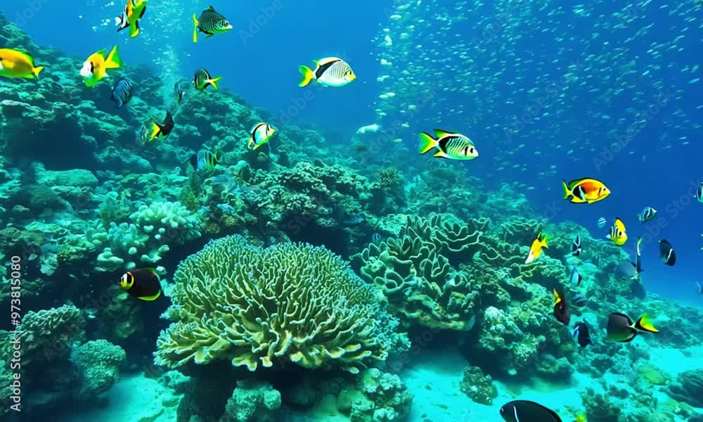 Coral reef underwater background with tropical fishes in sunlight 4k ...
