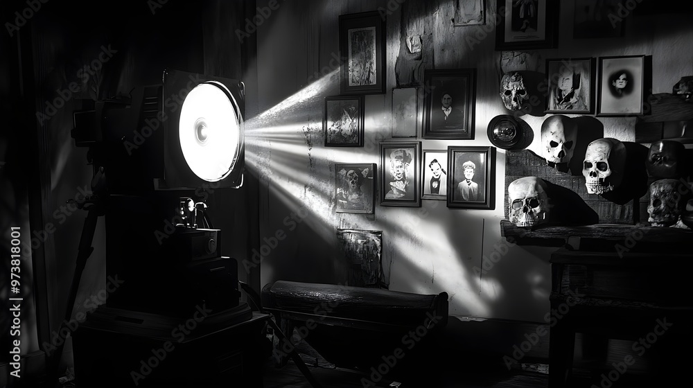 A black-and-white vintage horror setup featuring an old film projector ...