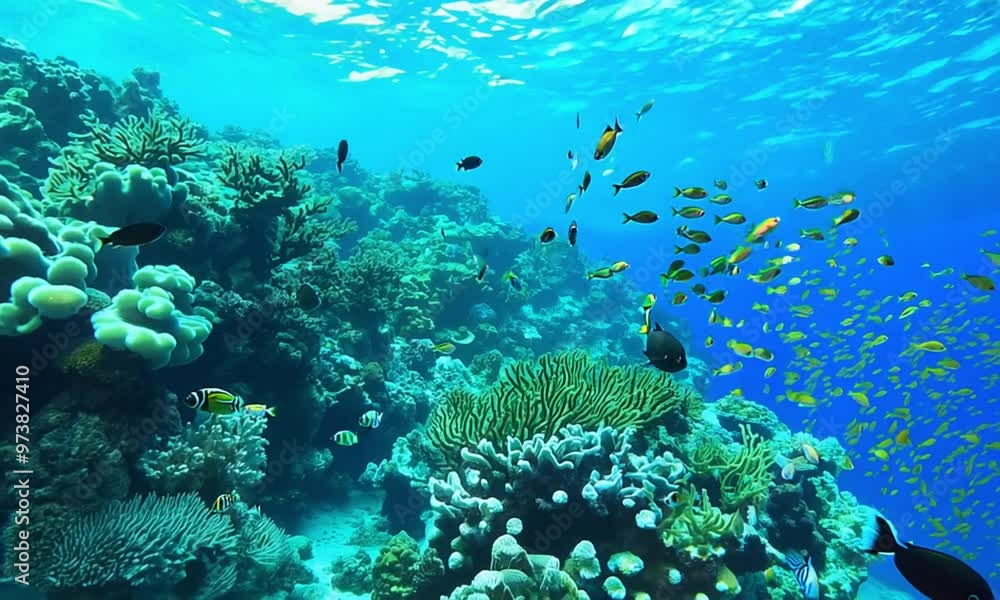 Coral reef underwater background with tropical fishes in sunlight 4k ...