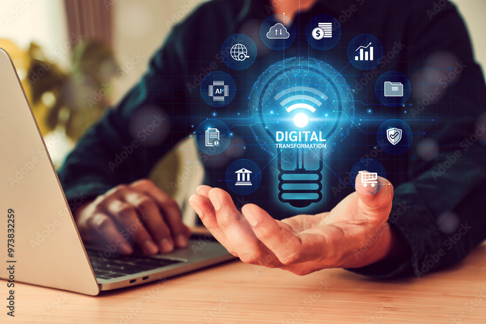 Digital transformation concepts hand touch visual digital data on cloud computing management for ...