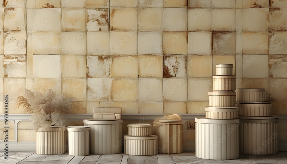 Vintage wallpaper with creamy textures and artistic box patterns for a ...