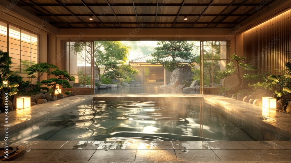 Luxurious indoor onsen with richly textured wooden interiors and a zen ...