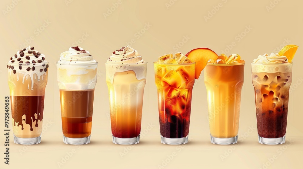 Set of iced coffee drinks. Cold Coffee set, collection. Iced espresso ...