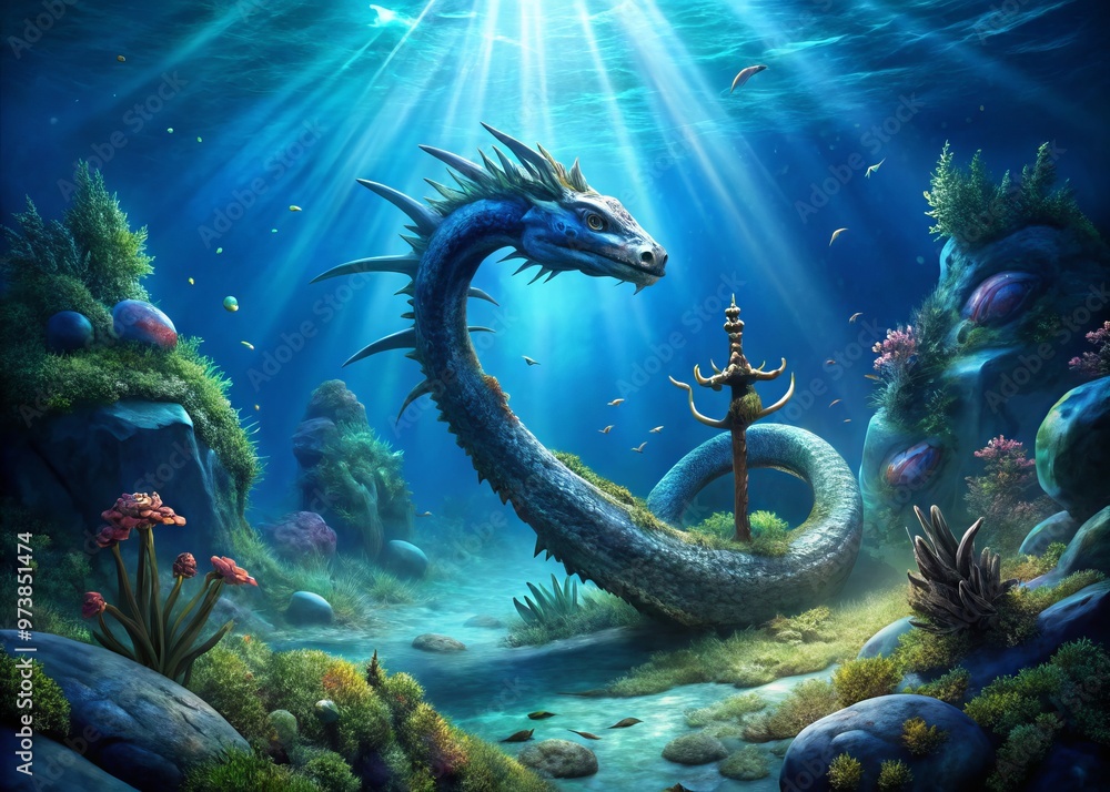 A mythical sea serpent emerges from the dark blue ocean depths, its ...