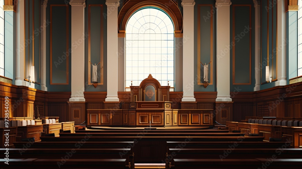 Elegant Courtroom Interior with Judge's Bench and Ornate Frame Border ...