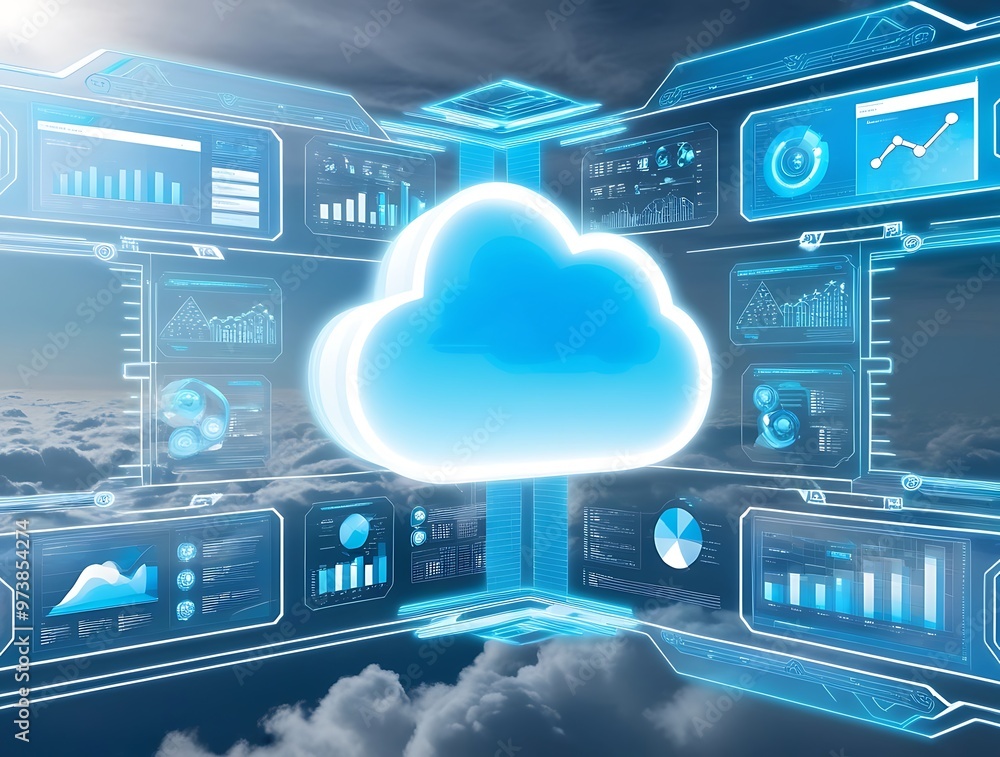 Digital cloud and data overlays on a sky background, symbolizing ai ...