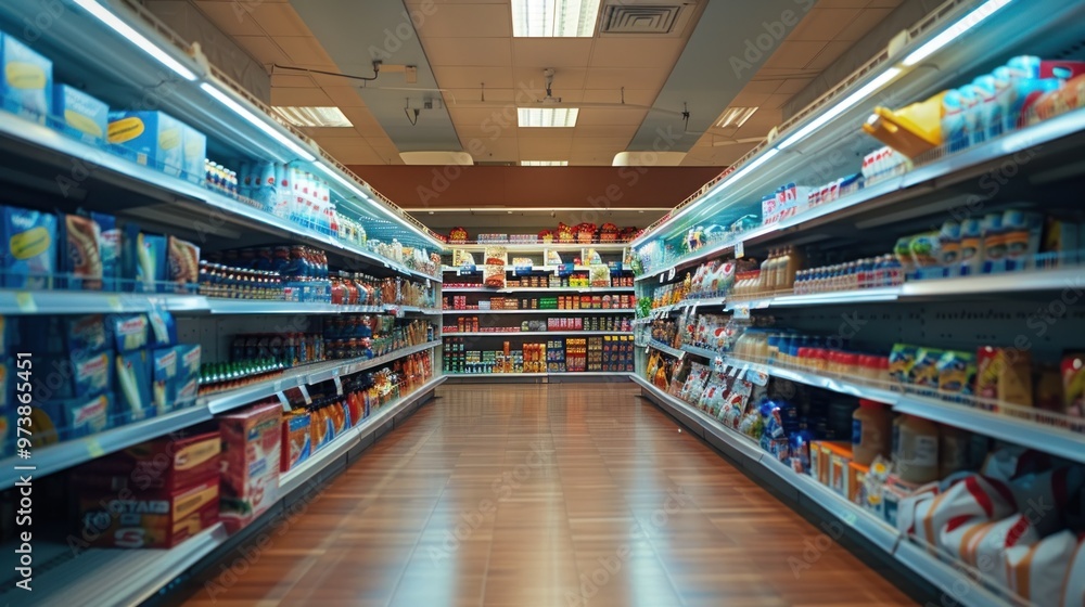 Vacant store shelves in a bright and clean grocery store, highlighted ...