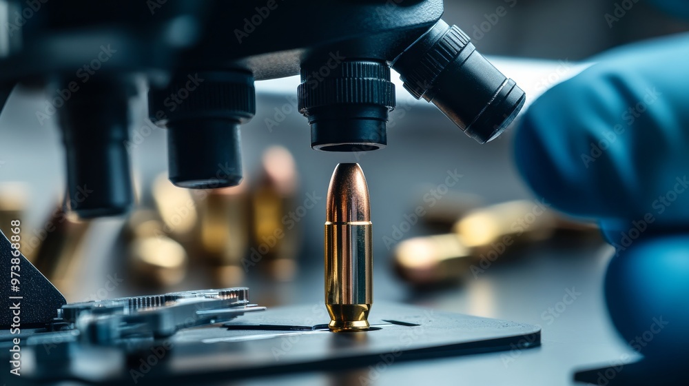Foto de A forensic ballistics expert carefully analyzes a bullet casing ...
