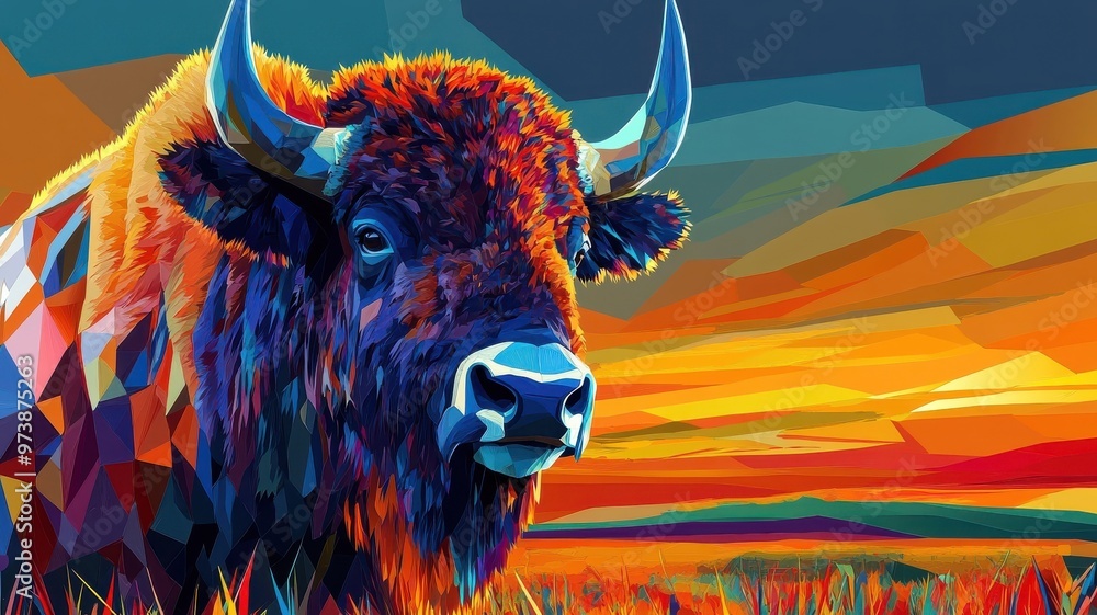 Buffalo in a stylized 3D illustration, incorporating modern geometric ...