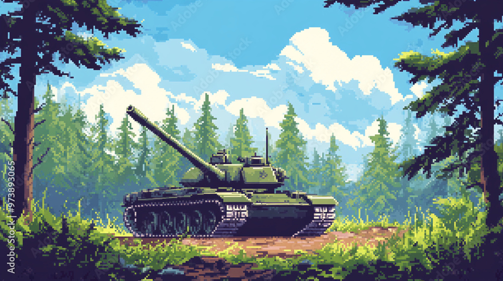 2d pixel art of tank on the forest, war weapon, game art, military, 16 ...