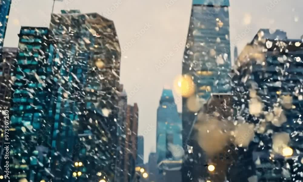 downtown high rise buildings, winter urban, snow falling in city 4k ...