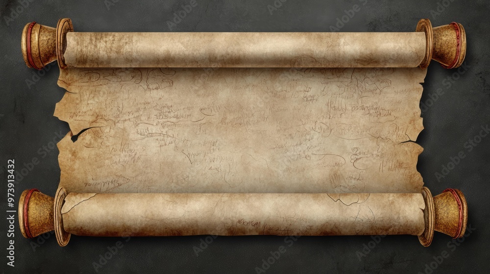 An old, rolled up scroll with wooden rollers and a black background ...