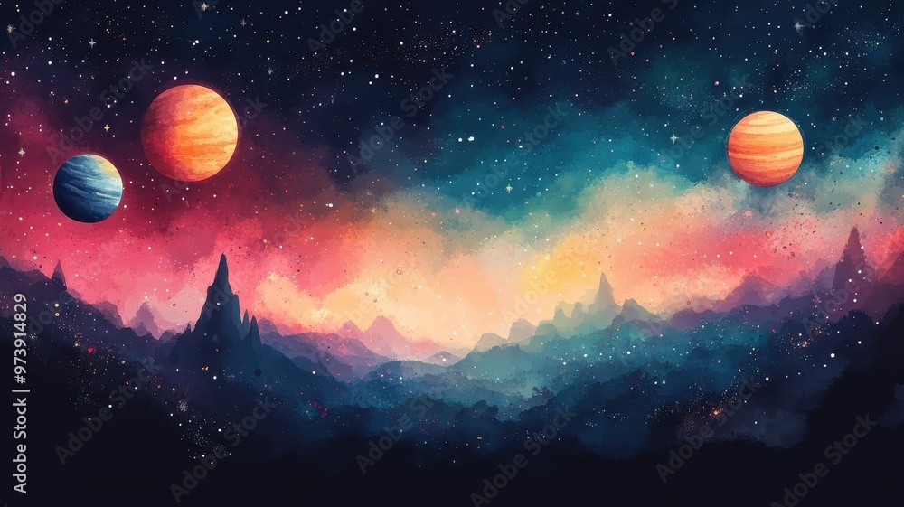 Solar system rendered in watercolor style with soft gradients, gentle ...