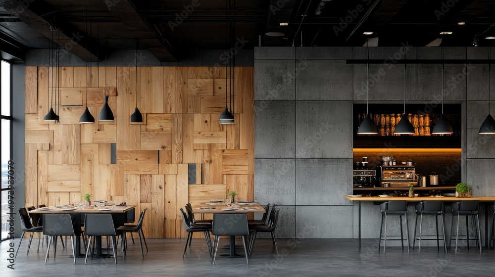 Stylish modern restaurant interior featuring a mix of wood and concrete ...