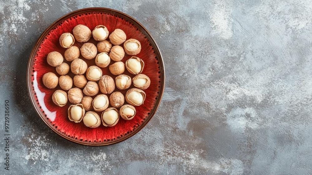 Against a rustic grey background, a red circular platter displays ...