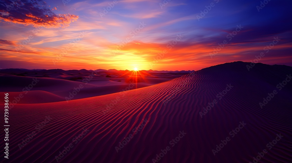 Silhouetted sand dunes under a vibrant sunset, the sky transitioning ...
