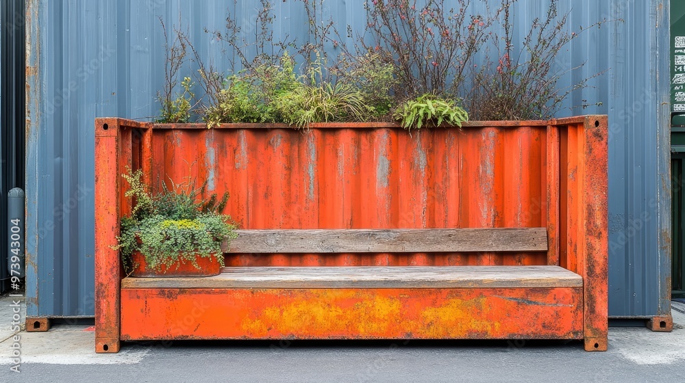 Upcycled shipping container outdoor bench and planter Stock Photo ...
