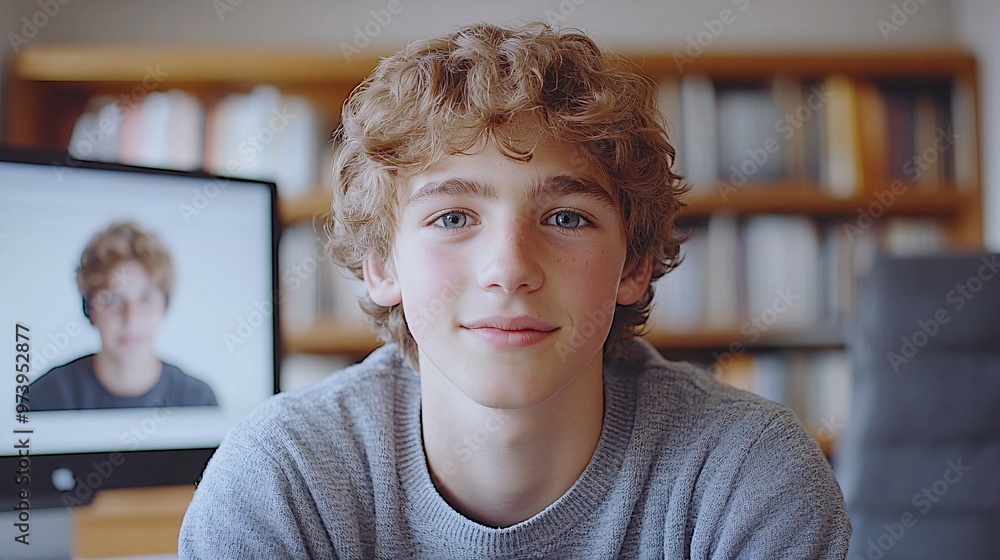 Teenager in a modern home office setup attending a virtual classroom on ...