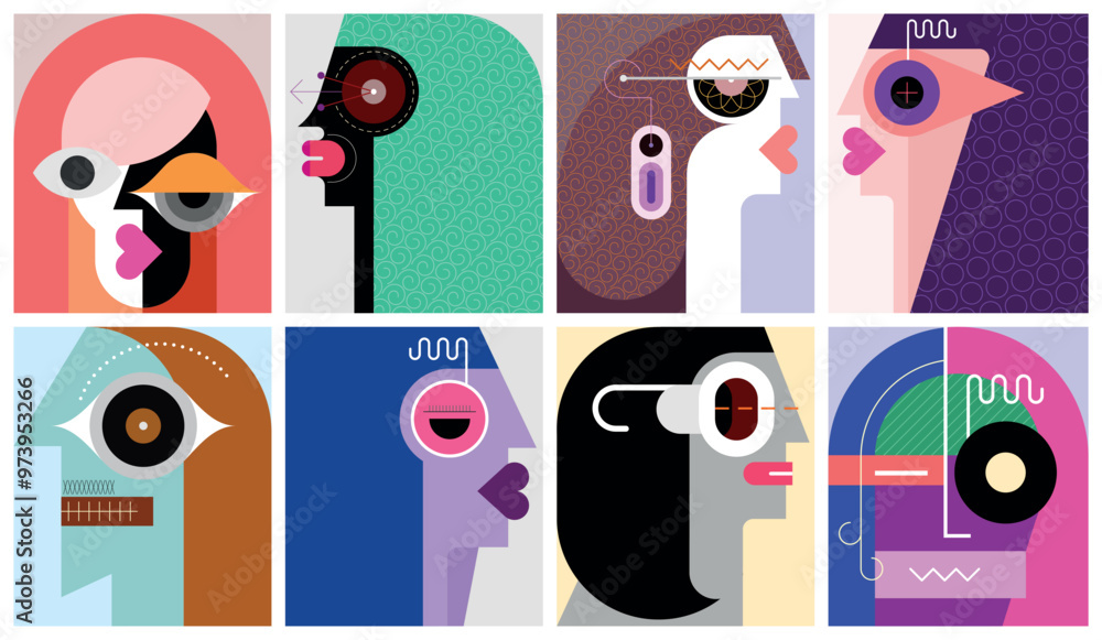 Vector graphic of eight modern art portraits of different people. Each ...
