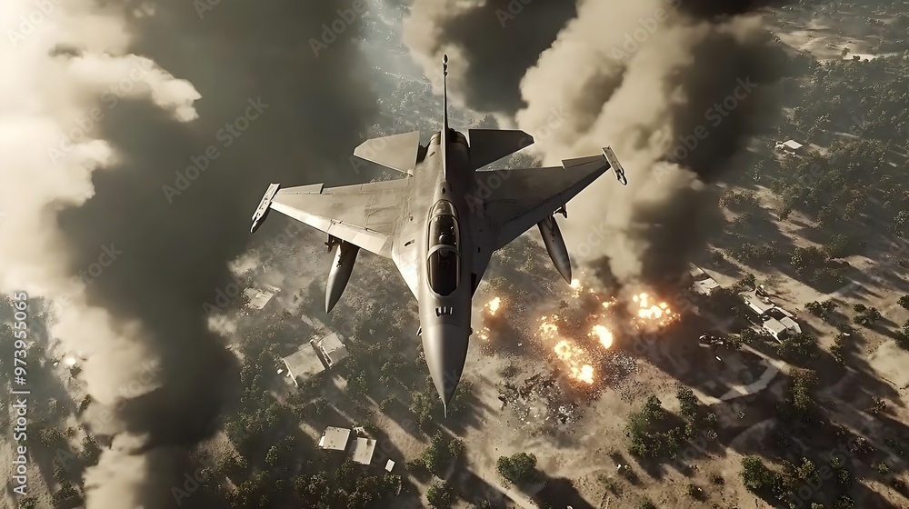 Fighter jet soaring above a war zone, smoke rising from explosions ...