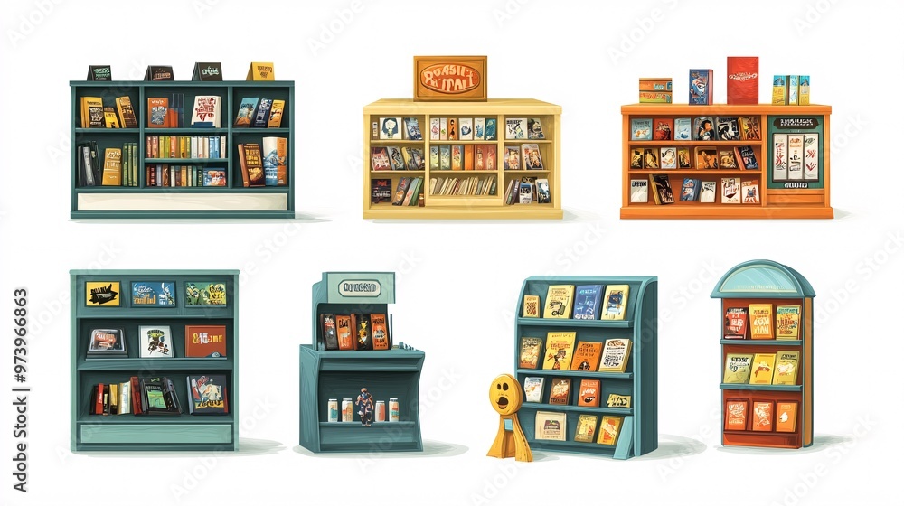 Comic book store furniture set isolated on white background, vector ...
