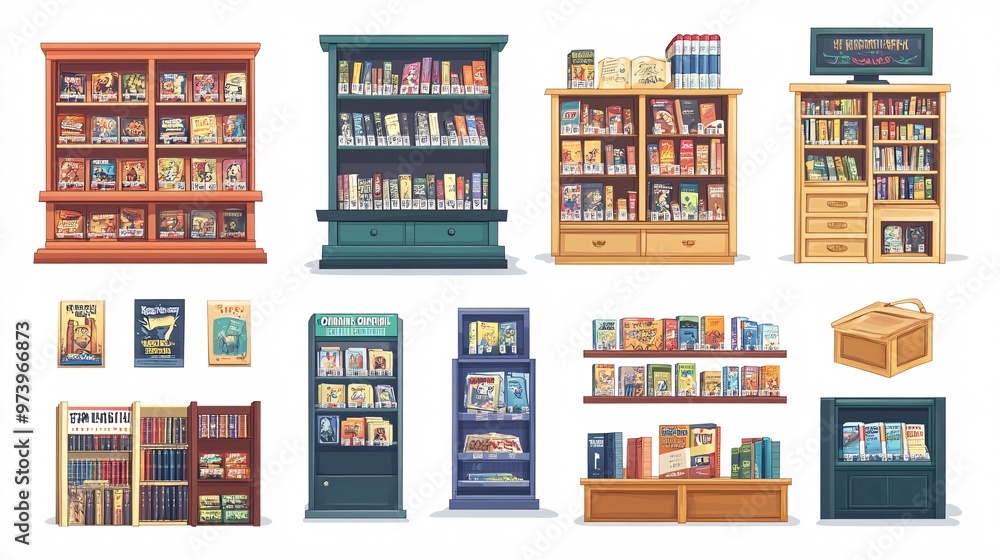Comic book store furniture set isolated on white background, vector ...