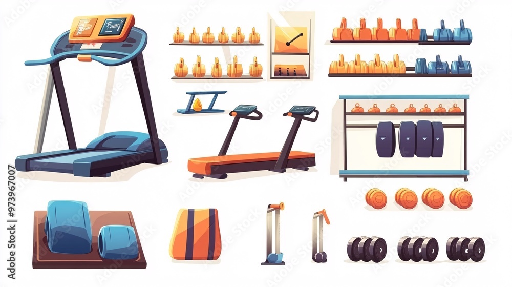 Fitness equipment store furniture set isolated on white background ...