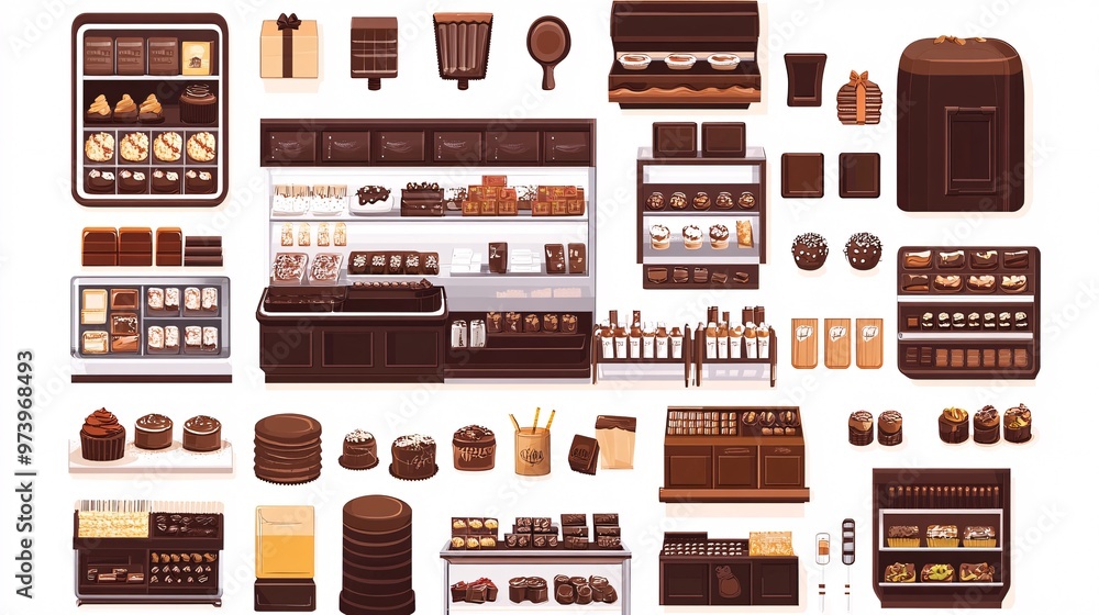 Chocolate shop furniture set isolated on white background, vector ...