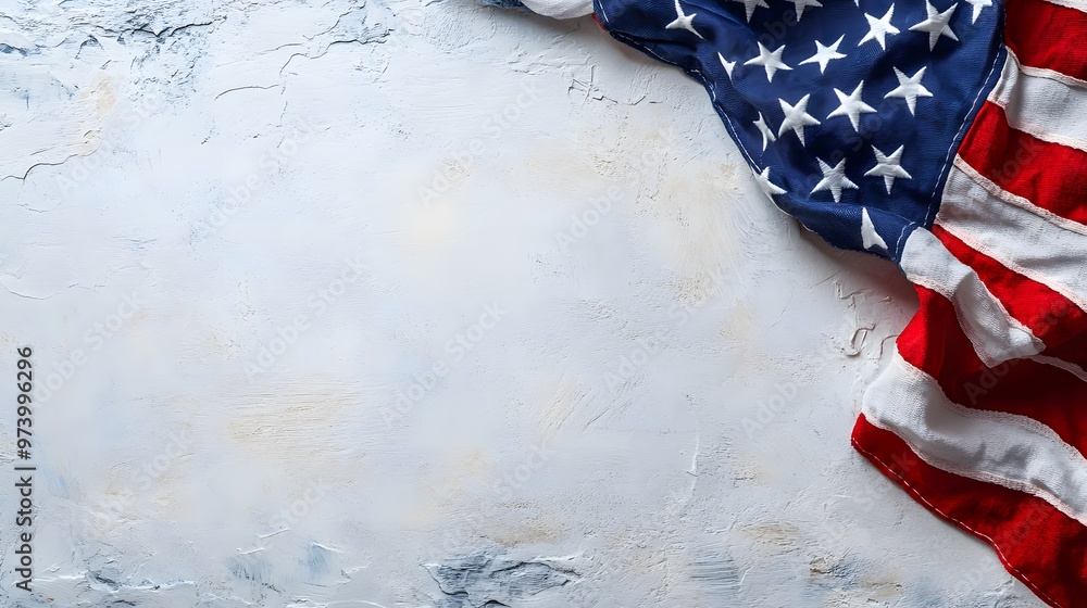 American flag corner is partially draped across a textured, light ...
