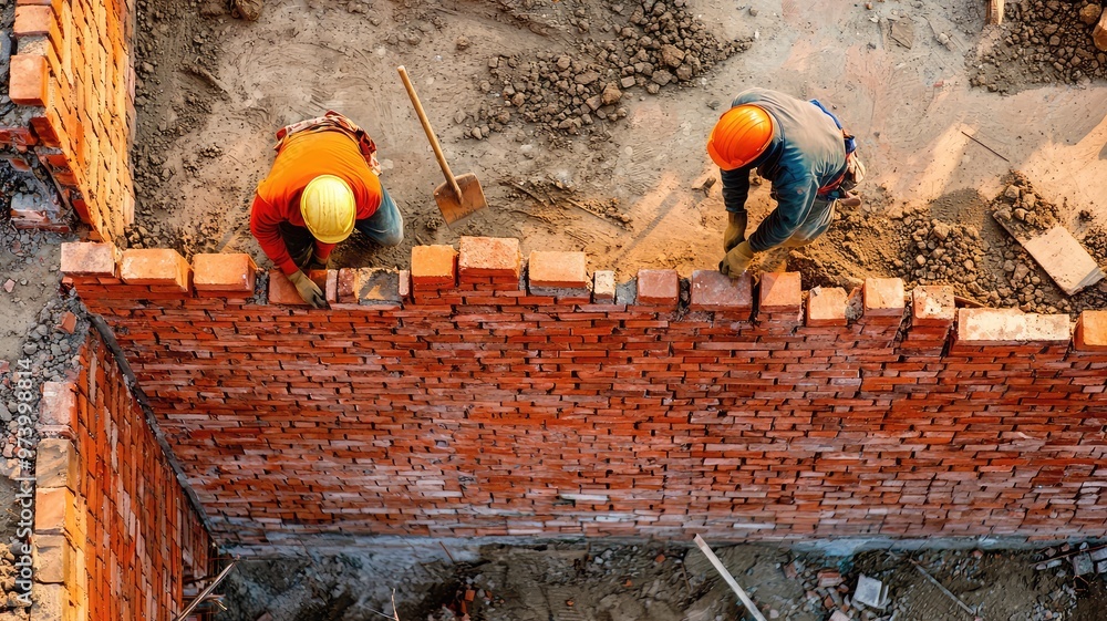 Construction workers build a brick wall at a construction site ...