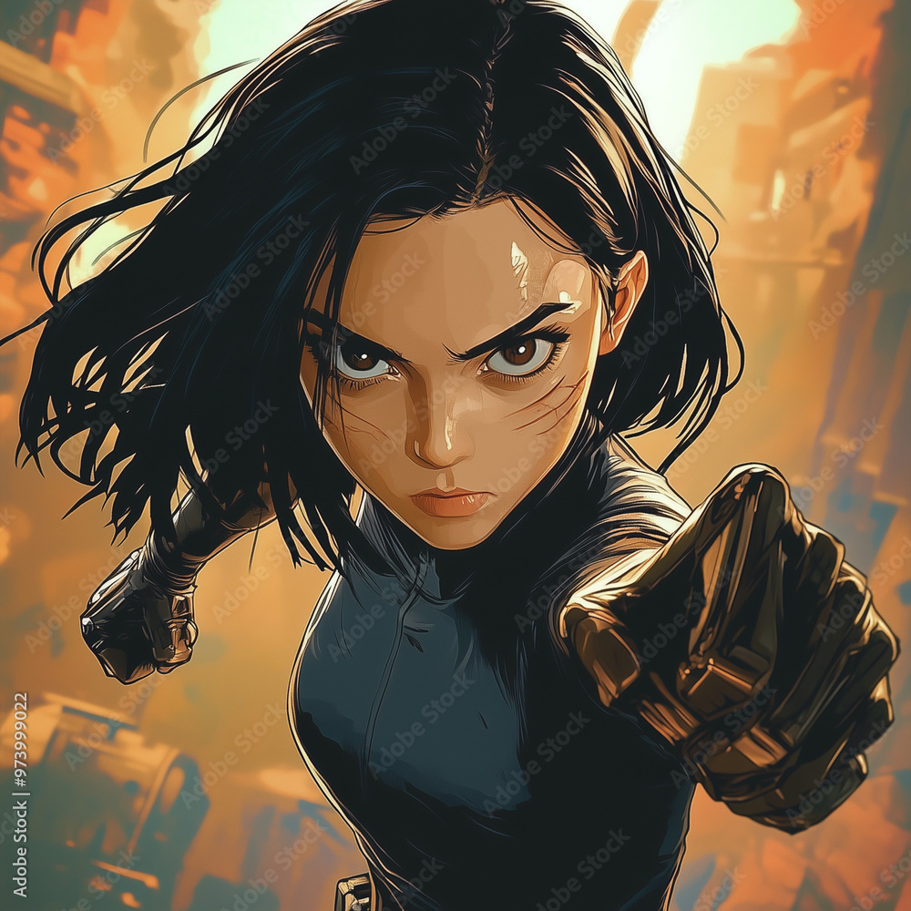 A drawing of a young woman in a dynamic pose with a determined look ...