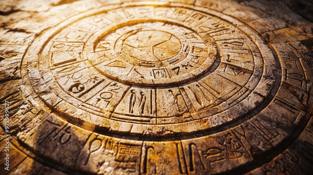 Detailed ancient carving on stone featuring astrological symbols and ...