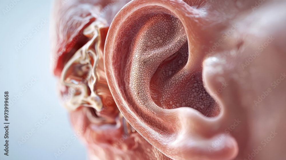 Detailed close-up of an ear anatomy, showcasing the intricate ...
