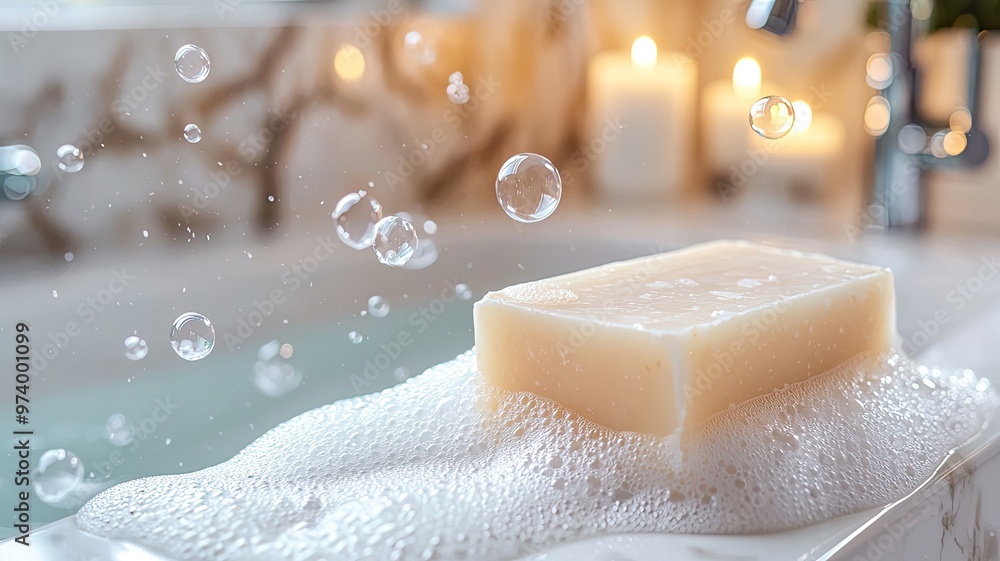 Fresh soap floating on a bath of bubbles, creating a serene and ...
