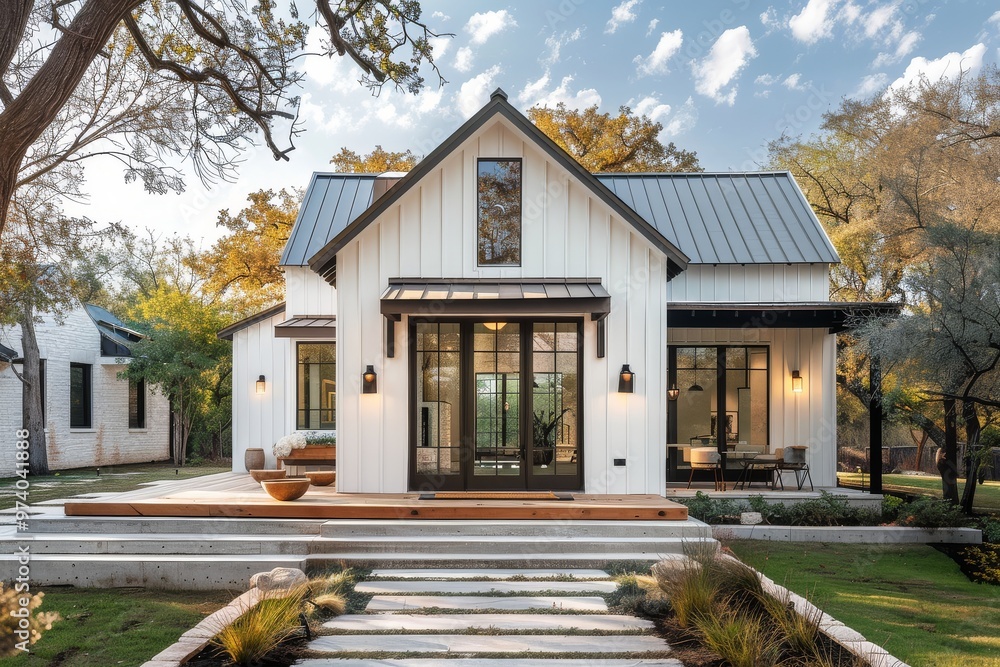 Modern Texas-style home with white brick, vertical wood slats, and ...