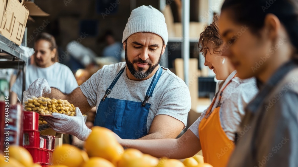Helping others in a community setting, showing a group of people ...