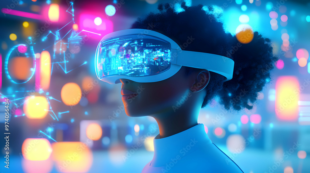 An engaging 3D cartoon avatar with modern VR glasses, immersed in a ...