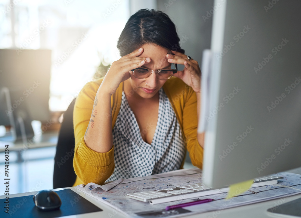 Computer, stress and burnout with business woman in office for fatigue ...